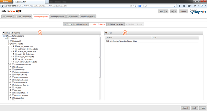 Create Table Widget - Select Columns page Create Table Widget - Select Columns page